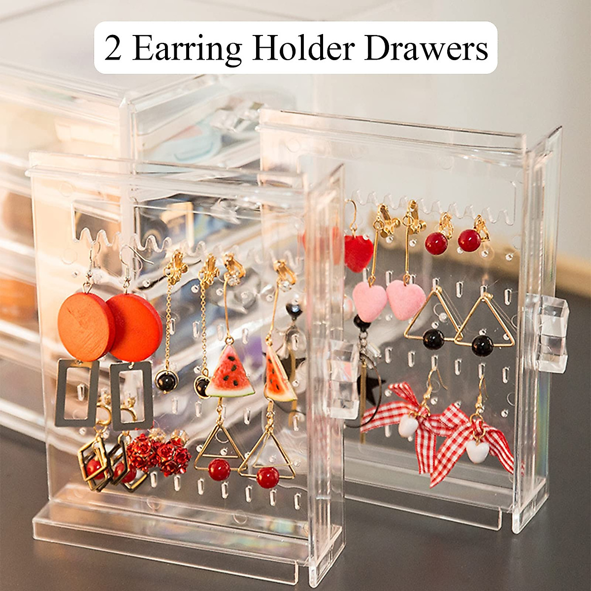 WMM Acrylic Jewelry Organizer Box, Clear Earring Jewelry Organizer Hanging Boxes with 4 Velvet Drawers, Birthday and Christmas Gift, Clear Acrylic Jewelry Box for Earrings Ring Bracelet Necklace