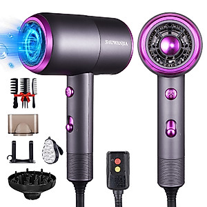 SHUWANJIA Ionic Hair Dryer, Grey, 1800W, 3 Heating, 2 Speed, Cooling, Thermostat, Safety, Negative Ions, Ceramic, Corded Electric