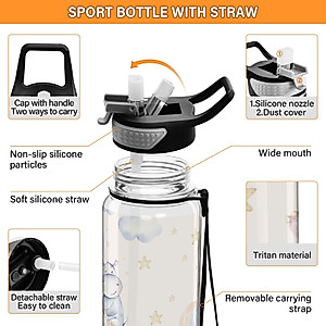 FLildon Cloudy Hippo Water Bottle with Straw Lid 32oz Leakproof Clear Gym Water Bottles for Women Men Outdoor Sport Drinking