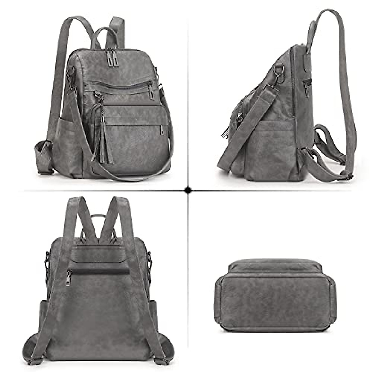 Artwell Backpack Purse for Women Fashion PU Leather Designer Travel Large Ladies Shoulder Bags Tote Tassel Rucksack (Gray), 11.8 * 5.7 * 13.8 inch