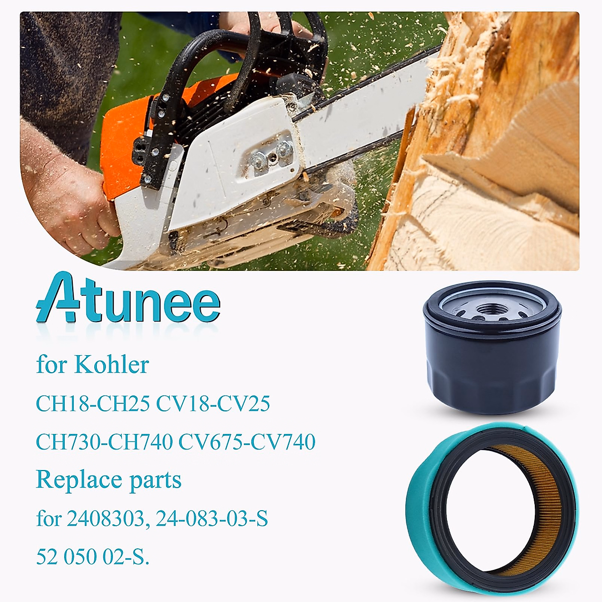 Atunee 24-083-03-S Air Filter + 52 050 02-S Oil Filter for Kohler CH18-CH25 CV18-CV25 CH730-CH740 CV675-CV740 Engine Parts with Fuel Filter Spark Plug