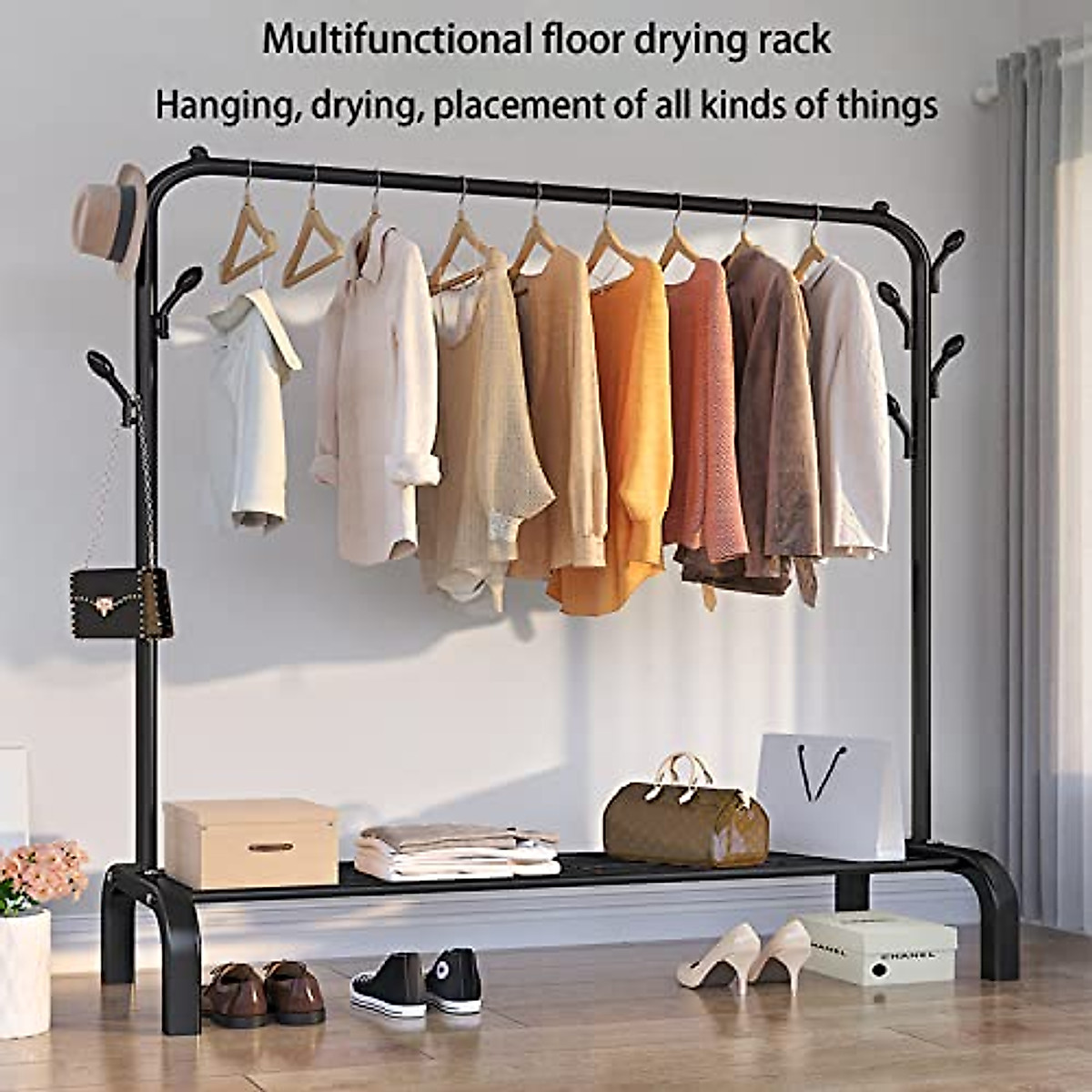 YCWO Flooring Clothes Rack Black Modern Simple Heavy Metal Rack Retail Display Rack with Storage Rack Retro Iron Tube Flooring Display Rack Clothes Shoes Package Storage,150x43x161cm