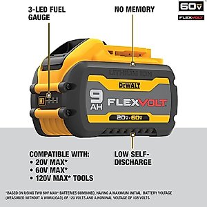 DEWALT FLEXVOLT 20V/60V MAX* DCB609 Battery, 9.0-Ah, 180-Watt Hours, Silicone Encapsulated Module, LED Charge Status, Bulk Packed