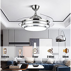 Fandian 42" Modern Ceiling Light with Fans Remote Control, 4 Retractable Blades with 3 Light Color Change Ceiling Fan for Living Bedroom Restaurant, Silver Color with Silent Motor (42In-1)