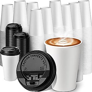EBOOT 200 Pack Disposable White Paper Coffee Cup with Lids to Go Coffee Cups Bulk Hot/Cold Beverage Drinking Cups, Hot Paper Cups Bundle for Party Travel Home Restaurant Cafe (12 OZ)