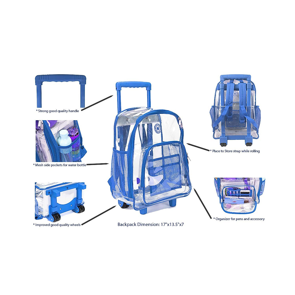 K-Cliffs Rolling Clear Backpack Heavy Duty Bookbag Quality See Through Workbag Travel Daypack Transparent School Book Bags with Wheels Royal Blue