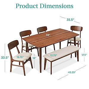 Best Choice Products 6-Piece Wooden Dining Set, Mid-Century Modern Table & Upholstered Chair Set w/Bench Seat, Rubberwood Legs - Brown/Cream