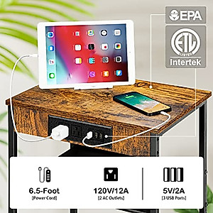 melos Nightstand with Charging Station, 3 Tier End Table with USB Ports & Power Outlets, Narrow Side Table for Small Spaces, Bedside Tables for Bedroom, Living Room, Rustic Brown