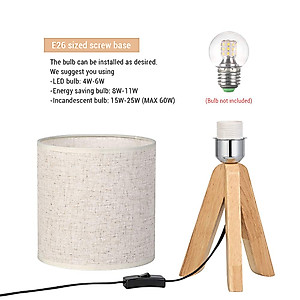HAITRAL Small Bedside Table Lamp - Wooden Tripod Nightstand Lamp for Bedroom, Living Room, Office, Home with Fabric Linen Shade - 13.4 Inches (Without Bulb)