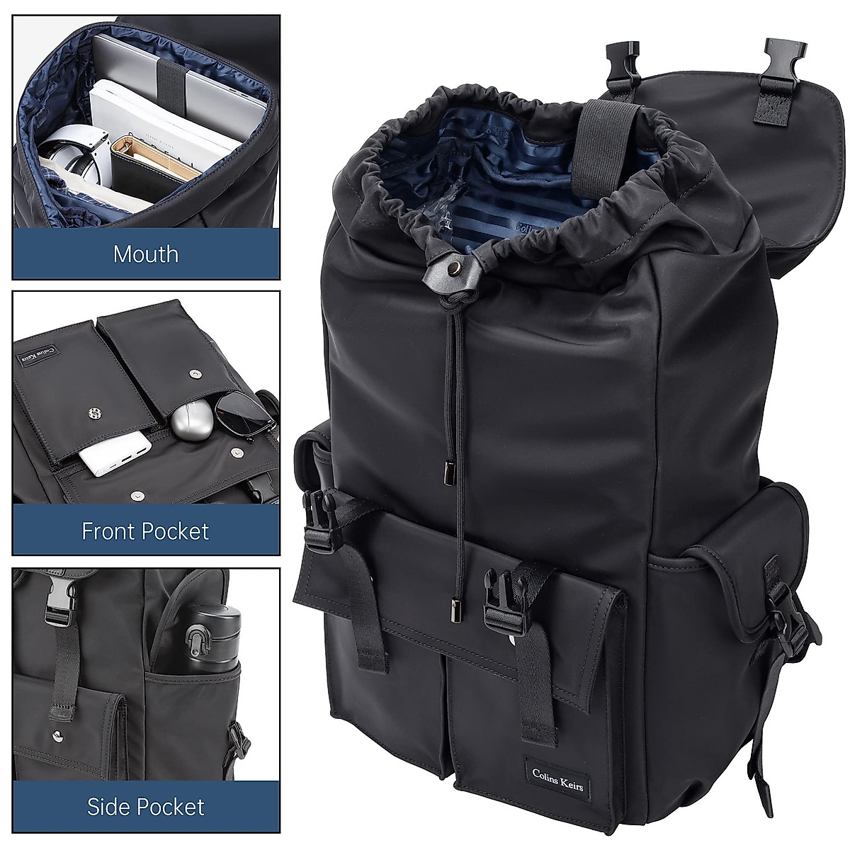 Colins Keirs Laptop Backpack 17 Inch. Drawstring Anti-theft Waterproof Tech Backpack with Laptop Compartment, Black 30L