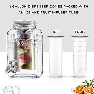 Fluted 1-Gallon Drink Dispenser. Glass Beverage Dispenser with Stainless steel Spigot plus Ice Cylinder and Fruit Infuser! Water Dispenser, Lemonade Stand, Juice Container - Dispensers for Parties