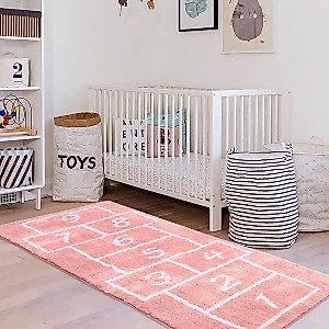 LIVEBOX Hopscotch Kids Runner Rug 28’’x 71’’, Soft Plush Play Mat Non-Slip Garden Numbers Collection Educational & Fun Throw Rugs for Boys&Girls Playroom Bedroom Best Shower Gift (Pink)