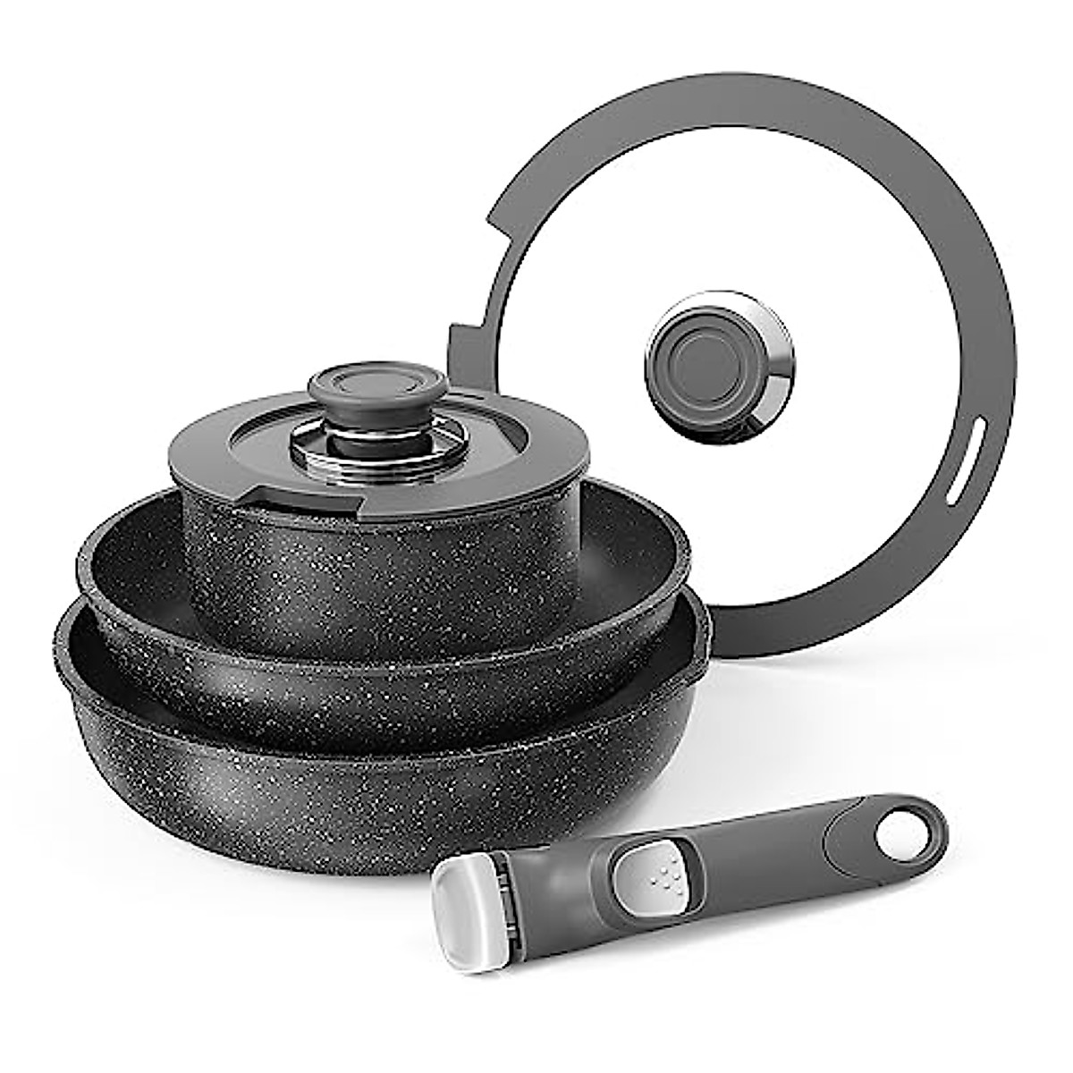 Bazova Pots and Pans Set with Detachable Handle, 6-Piece Nonstick Granite Cookware Set,Space Saving Non Stick Stone Kitchen Cookware Sets for All Stoves Includes Induction, Oven Safe, PFAS/PFOA Free