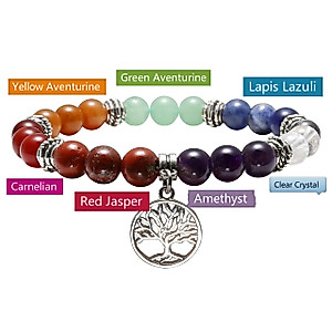 Top Plaza 7 Chakra Reiki Healing Bracelet Real Stones Yoga Meditation Mala Bead Elastic Bracelets For Women, Silver Alloy Life Tree Charm