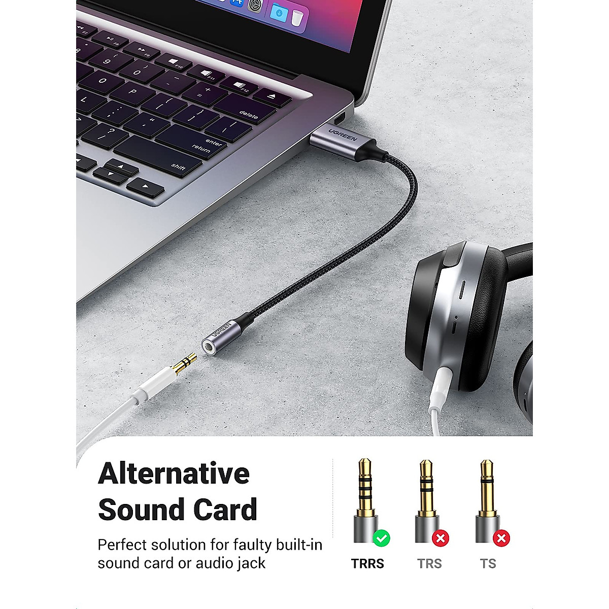 UGREEN USB to 3.5mm Jack Audio Adapter USB Sound Card Support Mic TRRS Headphone DAC 24bit 96kHz Nylon Braided USB to Aux Jack Compatible with Windows Mac Linux PC PS5 PS4 Switch Speaker, 9.8 Inch