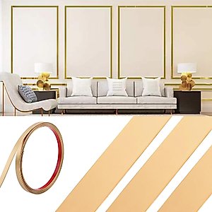 Qiveno Gold Molding Trim Peel and Stick(Mirror-Like Finish), 201 Stainless Steel Self Adhesive Wall Trim Molding, Wall Ceiling Floor Cabinet Tile Edge Moulding, 16.4 ft x 0.8 in