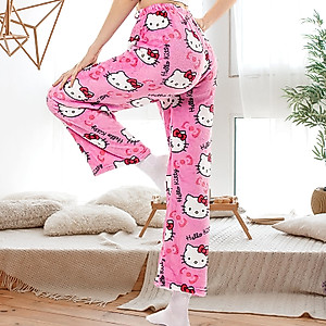 TONYOPT Anime Pajamas for Women Girls Cute Cartoon Cat Print Flannel Christmas Halloween Kawaii Casual Sleep Pajama Pants(M,Rose red)