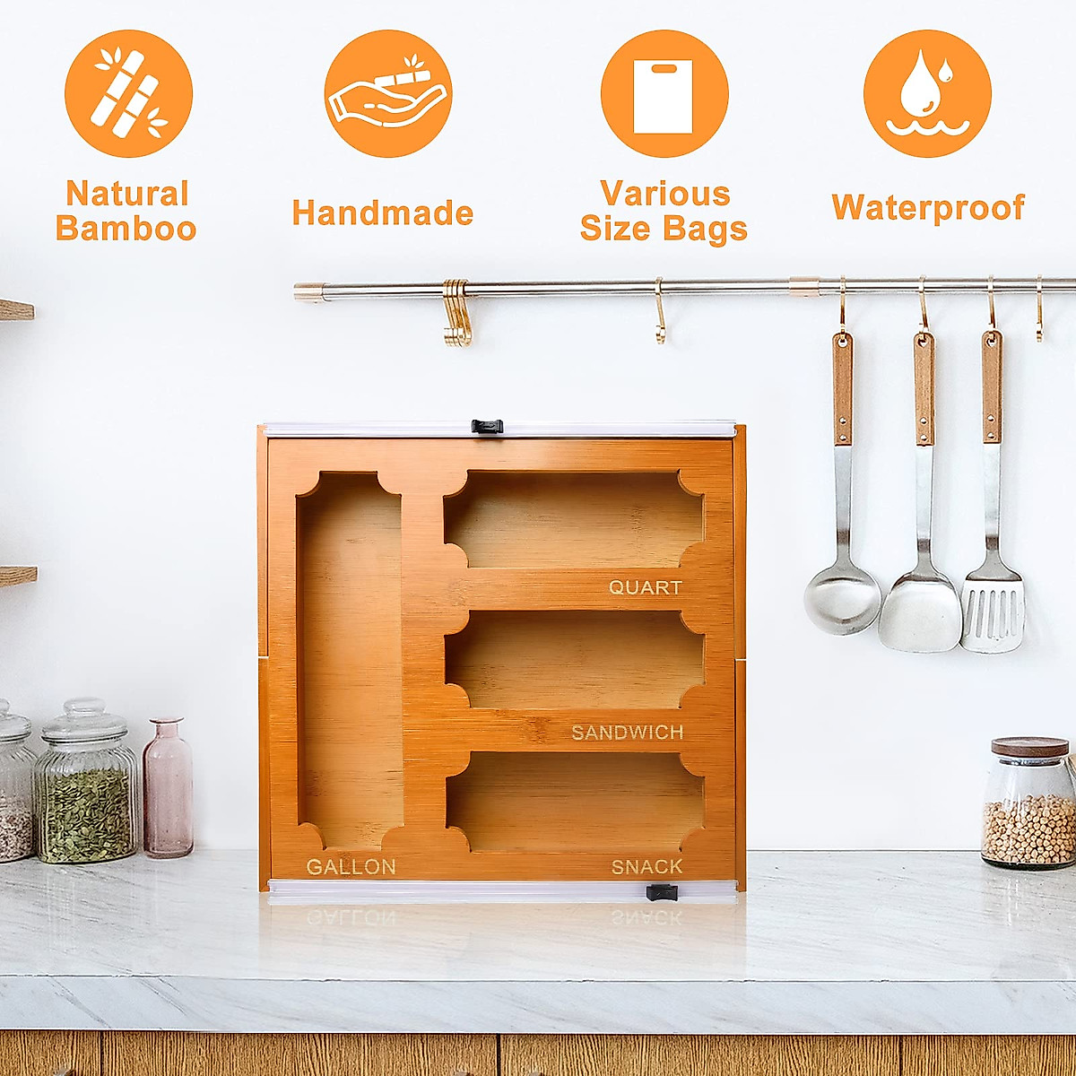 Ziplock Bag Storage Organizer and Dispenser with Cutter, Bamboo Organizer Compatible with Gallon,Sandwich & Snack