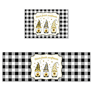 Rural Garden Sunflower Gnomes White Black Buffalo Plaid Kitchen Rug Runner Rug Kitchen Floor Mats Non Slip Area Rug for Living Room Bath Doormat Indoor Carpet Set (16x23.5IN+16x47IN)