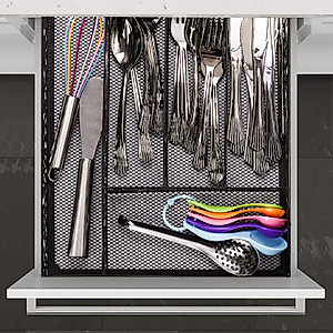 Coloch Metal Utensil Drawer Organizer with 5 Compartments , Black Flatware Storage Organizer Mesh Wire Silverware Tray with Foam Sheet for Knives, Spoons, Forks, Kitchenware