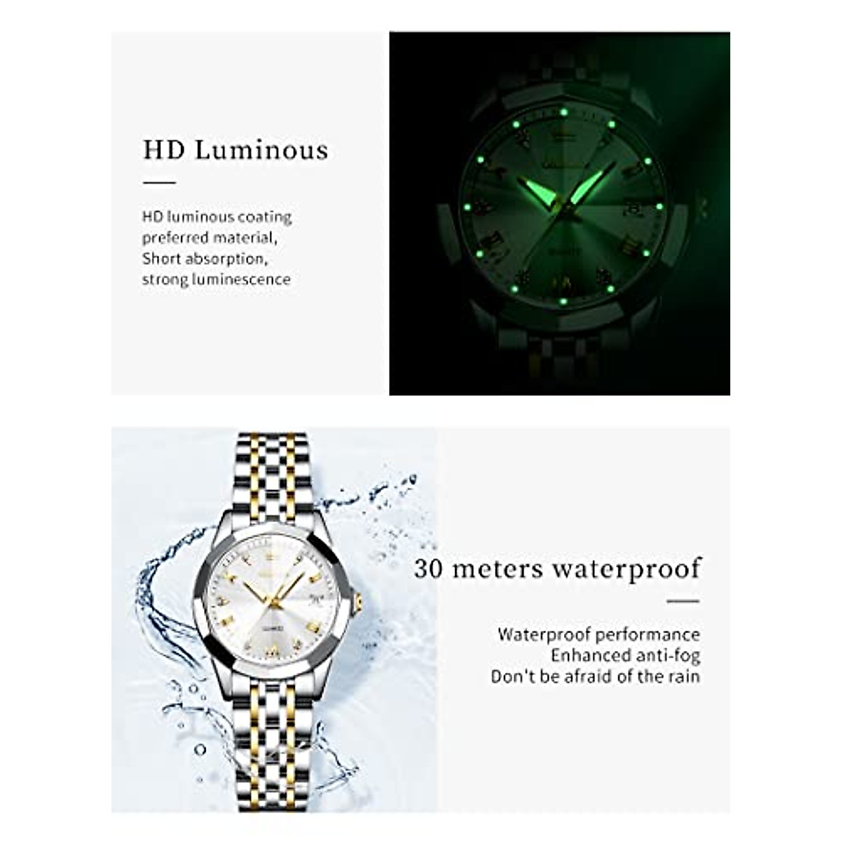 OLEVS Womens Watch Fashion Dress Diamond Female Watches for Ladies Analog Quartz Stainless Steel Waterproof Luminous Day Date Gold Silver Two Tone Wristwatch