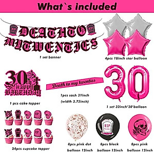 Death to My 20s Decorations - 30th Birthday Decorations for Her, Black Red 30th Birthday Party Supplies with Banner, Rip to My 20s Sash, 30th Balloon, Cake Topper