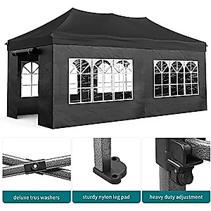 JOINATRE S-69 10'x20' Heavy Duty Pop Up Canopy Tent, Commercial Instant Canopy with Sidewalls, Outdoor Canopy Tent with 4 Sand Bags & Roller Bag, Waterproof Tent for Patio, Backyard, Garden, Black
