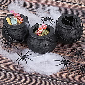FOIMAS Mini Black Cauldron,6pcs Halloween Plastic Candy Kettle Bucket with 50pcs Spiders Decor for Halloween Trick or Treat Party Favor Home Decoration Supply