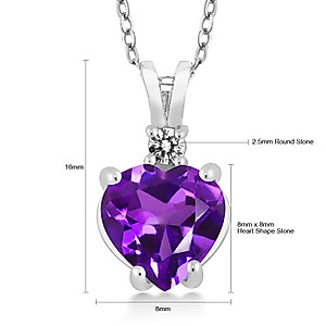 Gem Stone King 14K White Gold Purple Amethyst and White Diamond Heart Shape Pendant Necklace For Women (1.67 Cttw, Gemstone Birthstone, with 18 Inch Silver Chain)