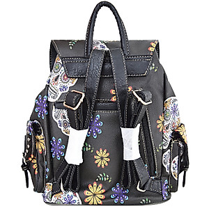 WESTERN ORIGIN Sugar Skull Day of the Dead Daypack Punk Gothic Backpack Rose Flower Fashion Women Travel Biker Purse Daypack Wallet Set (Black Set)