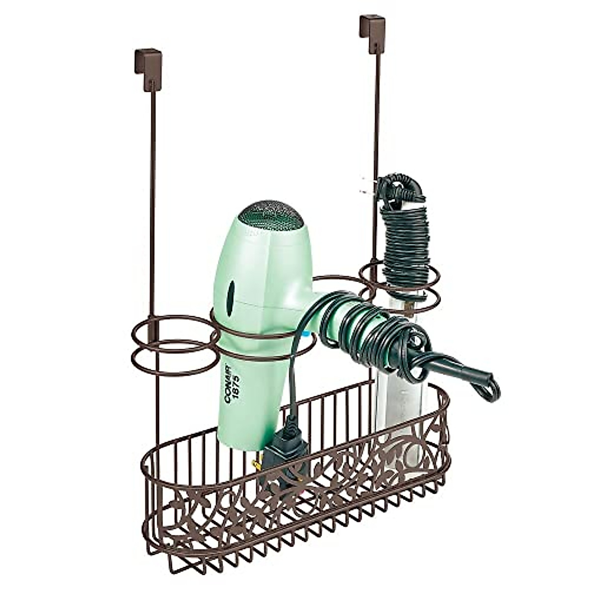 mDesign Bathroom Over the Cabinet Door Hair Care & Styling Tool Organizer Storage Basket for Hair Dryer, Flat Iron, Curling Wand, Hair Straighteners, Brushes - Bronze