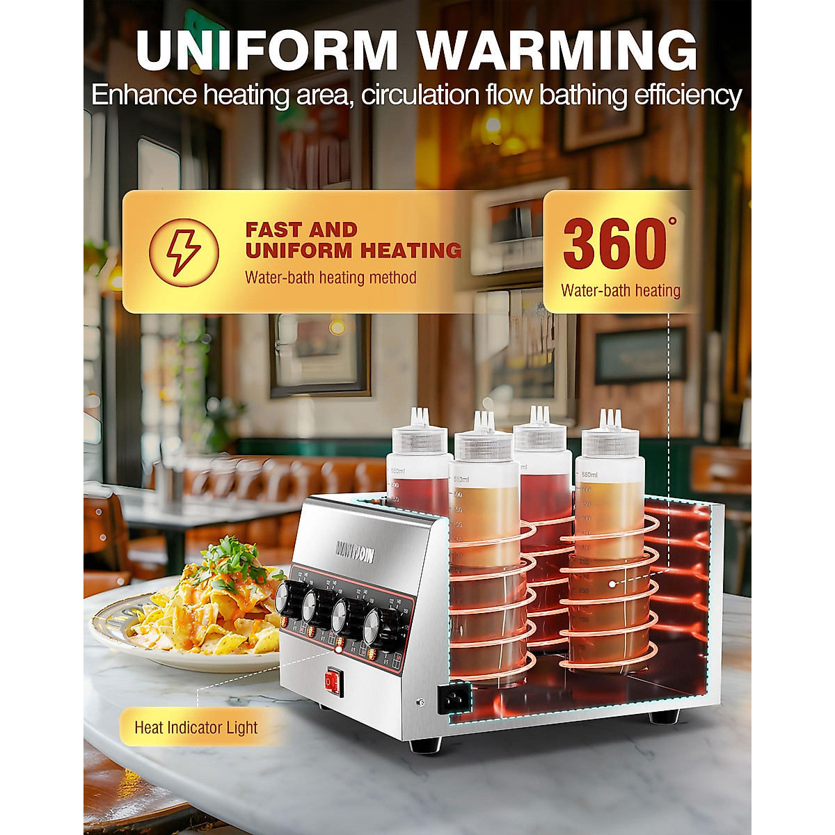 WantJoin Electric Sauce Warmer Dispenser, Countertop Stainless Steel Sauce Heat Preservation Machine 320W Hot Fudge Nacho Cheese Ketchup Chocolate Warmer for Commercial with 650ml Squeeze Bottle*4