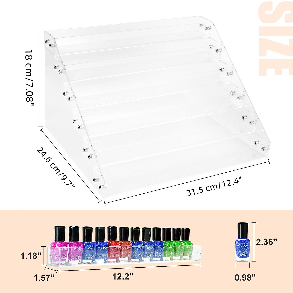 FFowcye Acrylic Nail Polish Organizer Rack, 6 Tier Nail Polish Holder Stand, Paint Rack Gel Nail Polish Shelf Display, Sunglass Organizer, Essential Oils Storage Shelf, Holds Up to 72 Bottles