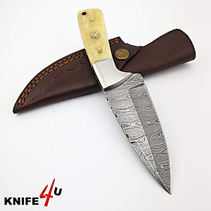 Knife4U Damascus Hunting Knife With Sheath|8"Best Camping,Hiking,Tactical,Survival Knife For Men|EDC Bushcraft Accessories Tool|Sharp Blade With Natural Handle And Knife Display Box (Camel Bone)