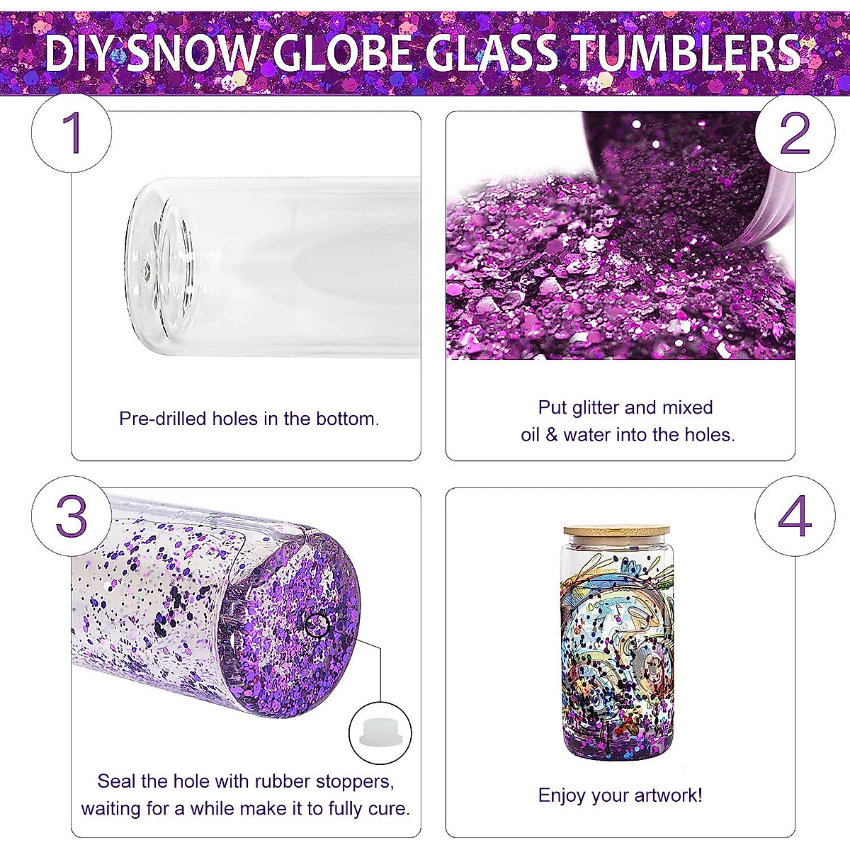 AGH 4 Pack Sublimation Double Wall Glass Blanks 16 oz Pre Drilled Sublimation Snow Globe Glass Tumbler With Bamboo Lid and Straw Reusable Clear Beer Can Mason Jar Mug for Snow Globe Glitter DIY