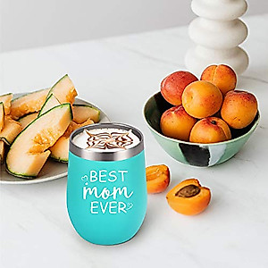 GINGPROUS Best Mom Ever Wine Tumbler with Lid and Straw, Christmas Mother's Day Birthday Gifts for Mom Mommy Mother, Stainless Steel Insulated Mom Wine Tumbler with Saying for Women (12 Oz, Mint)