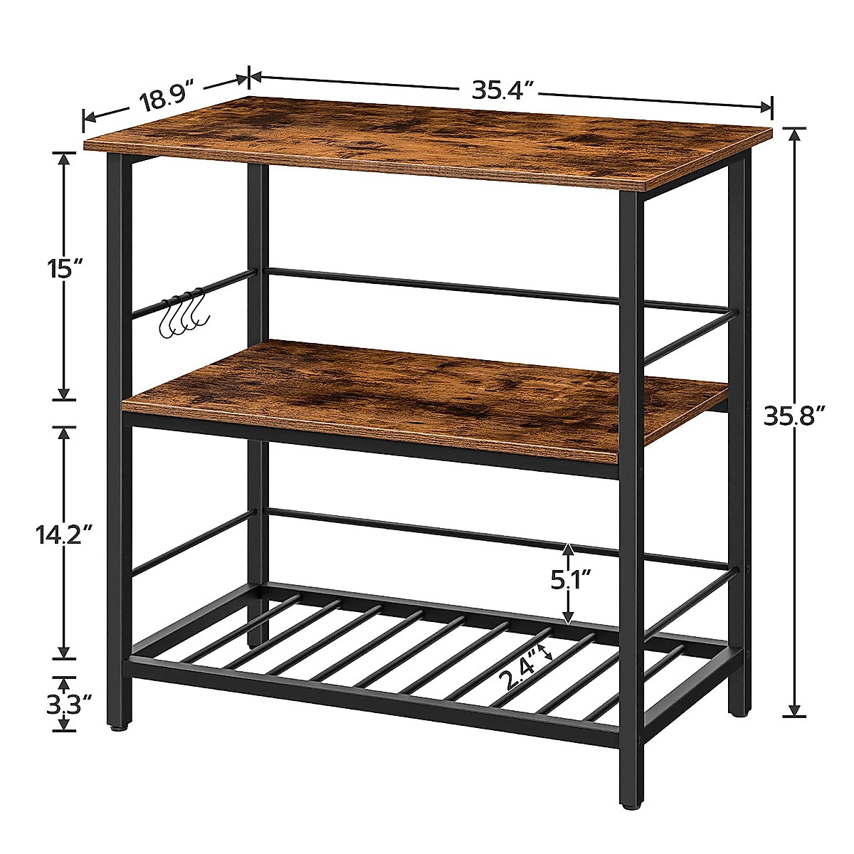 HOOBRO Kitchen Island with Wine Rack, Industrial Kitchen Counter with Hooks and Protective Rails, 3 Tier Kitchen Shelf with Large Workstation, Easy Assembly, Rustic Brown BF02ZD01
