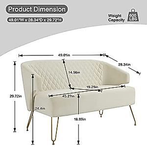 Homtique Velvet Loveseat Modern Tufted Accent Sofa Chair with Metal Golden Legs Upholstered 2 Seaters Couch for Small Spaces Elegant Settee Bench for Living Room, Bedroom, Apartment (White)