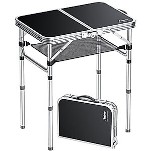 Anbte Folding Camping Table, Aluminum 24" x 16" Adjustable Height Small folding table with Carrying Handle, Lightweight, Portable Camping Table Waterproof for Outdoor Indoor Picnic Beach BBQ (Black)