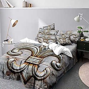 Flowers Fleur De Lis Duvet Cover Set Queen Include 1 Duvet Cover 2 Pillowcases Vintage Flower Iron Tin Antique Ornate Rustic Sign Wooden Comforter Cover Microfiber Soft Bedding Sets