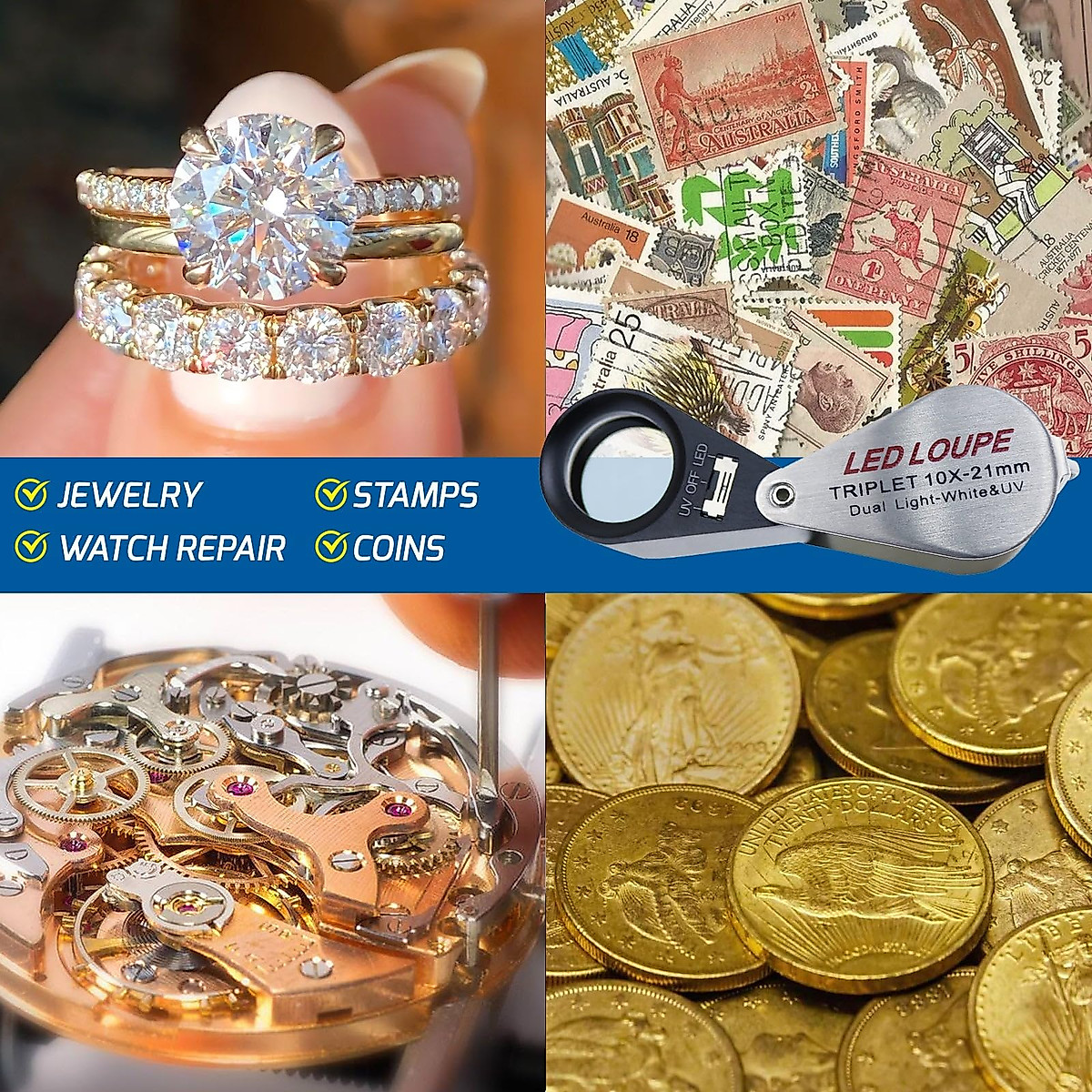 10 x 21mm Mini Folding Illuminated Loupe Jewelry Magnifier Pocket with LED Light, for Gems Jewelry Jewelers Eye Rocks Stamps Coins Watches Hobbies Antiques Gems