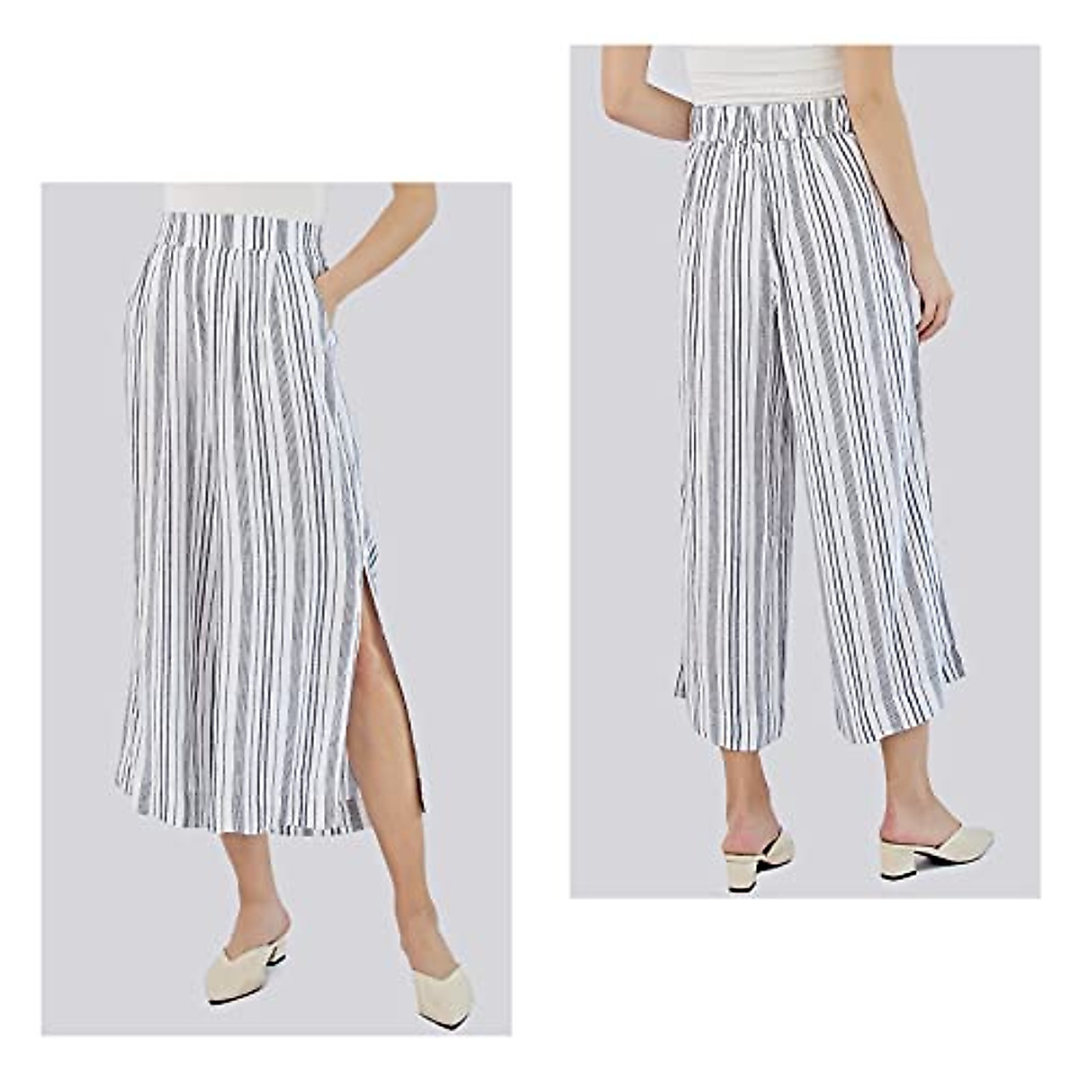 Asoran Linen Pants for Women, Wide Leg Elastic Flowy Pants with Side Slit, Women’s Casual Loose High Waist Pants