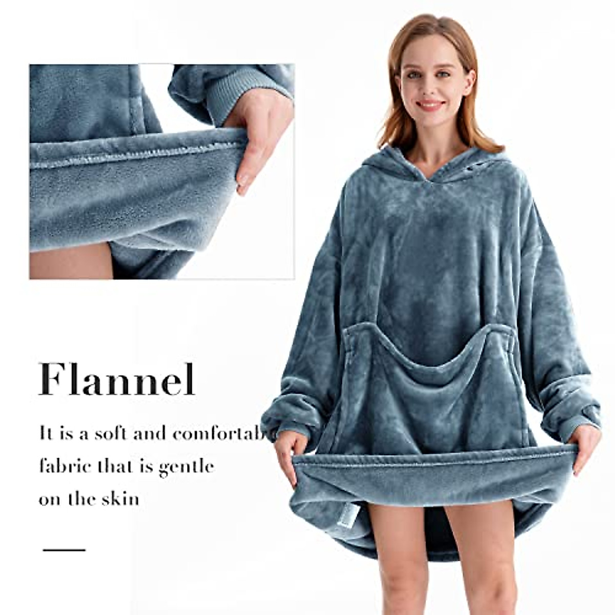 Aemilas Wearable Blanket Hoodie,Oversized Blanket Sweatshirt with Hood Pocket and Sleeves,Cozy Soft Warm Plush Flannel Hooded Blanket for Adult Women Men,One Size Fits All(Grey)