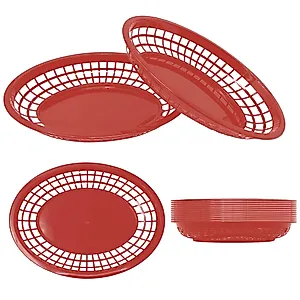 Plastic Fast Food Baskets - HUGE 12" x 9" SIZE Food Baskets For Serving - Reusable Foodservice Restaurant Deli Diner Burger Fries Fish Chip Hot Dog Sandwich Plates Tray Platter (12 Pack, Red)