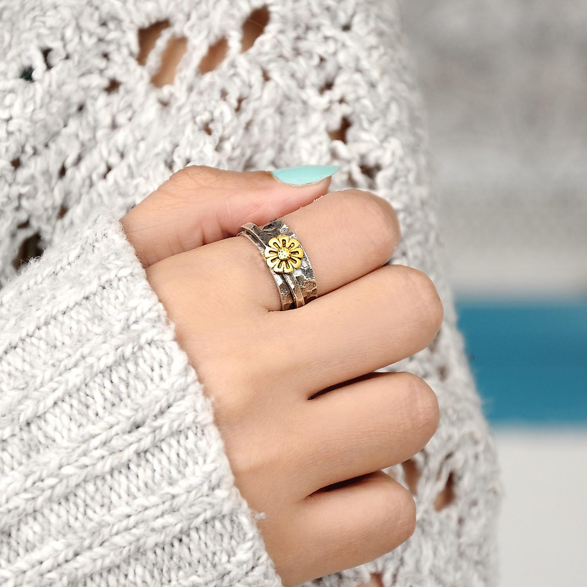 Boho-Magic Sunflower Ring, Spinner Rings for Women 925 Sterling Silver and Brass Sunflower | Nature Wide Band Fidget Meditation Anxiety jewelry