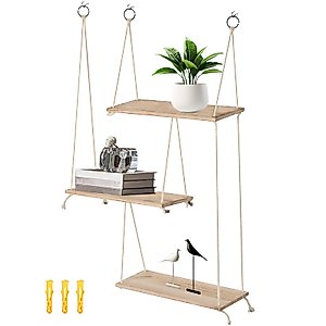 Macrame Wall Hanging Shelves, 3 Tier Hanging Floating Shelves for Wall, Boho Wall Shelves, Wood Hanging Shelves, Macrame Wall Hanging Shelf Tassel with Adjustable Rope, Room Decor for Plants Books