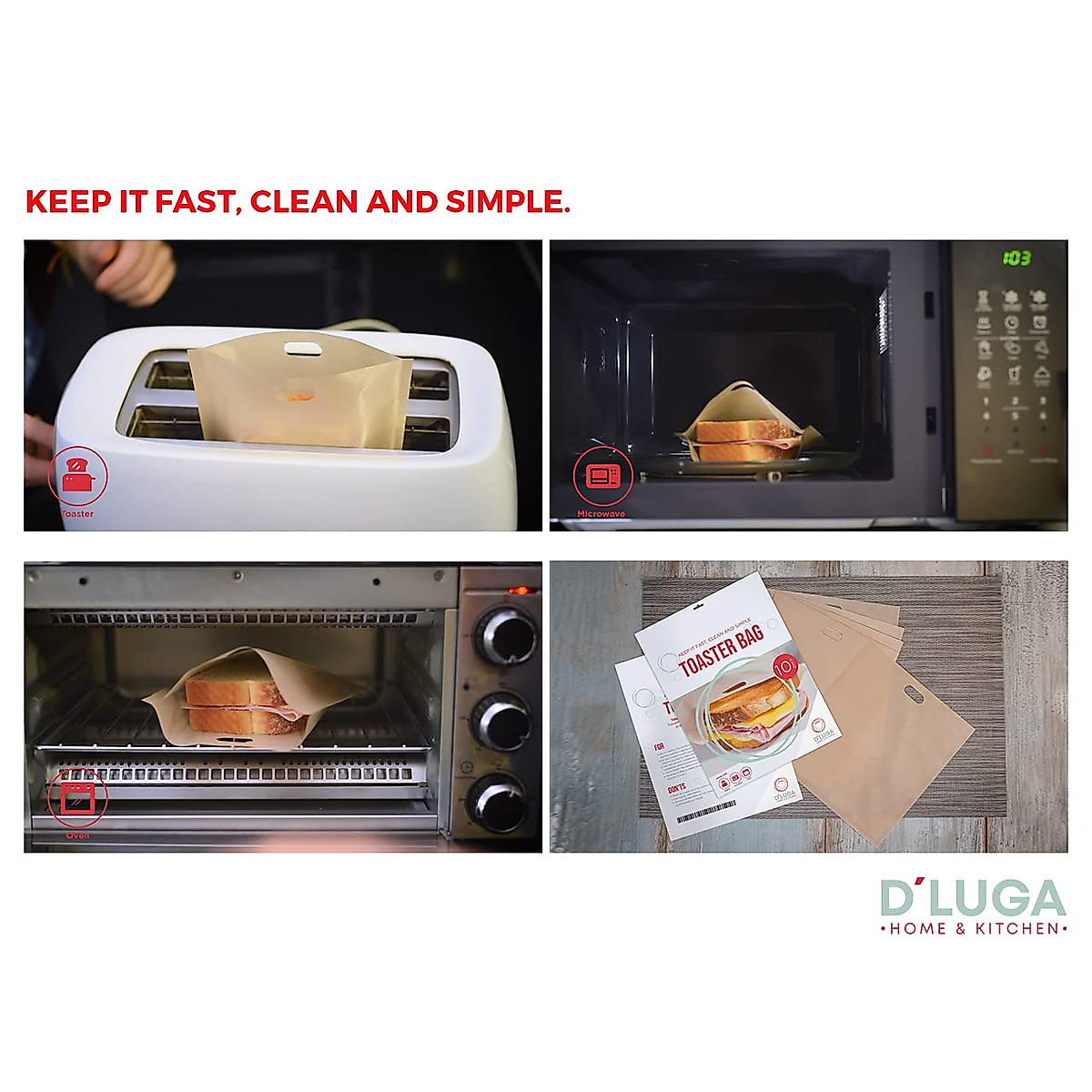 D'Luga Toaster Bags (Pack 10), non sticky reusable toaster bags, perfect to prepare cheese sandwiches, pizza, chicken nuggets, fish, vegetables, croissants. Used in oven, toaster or microwave.