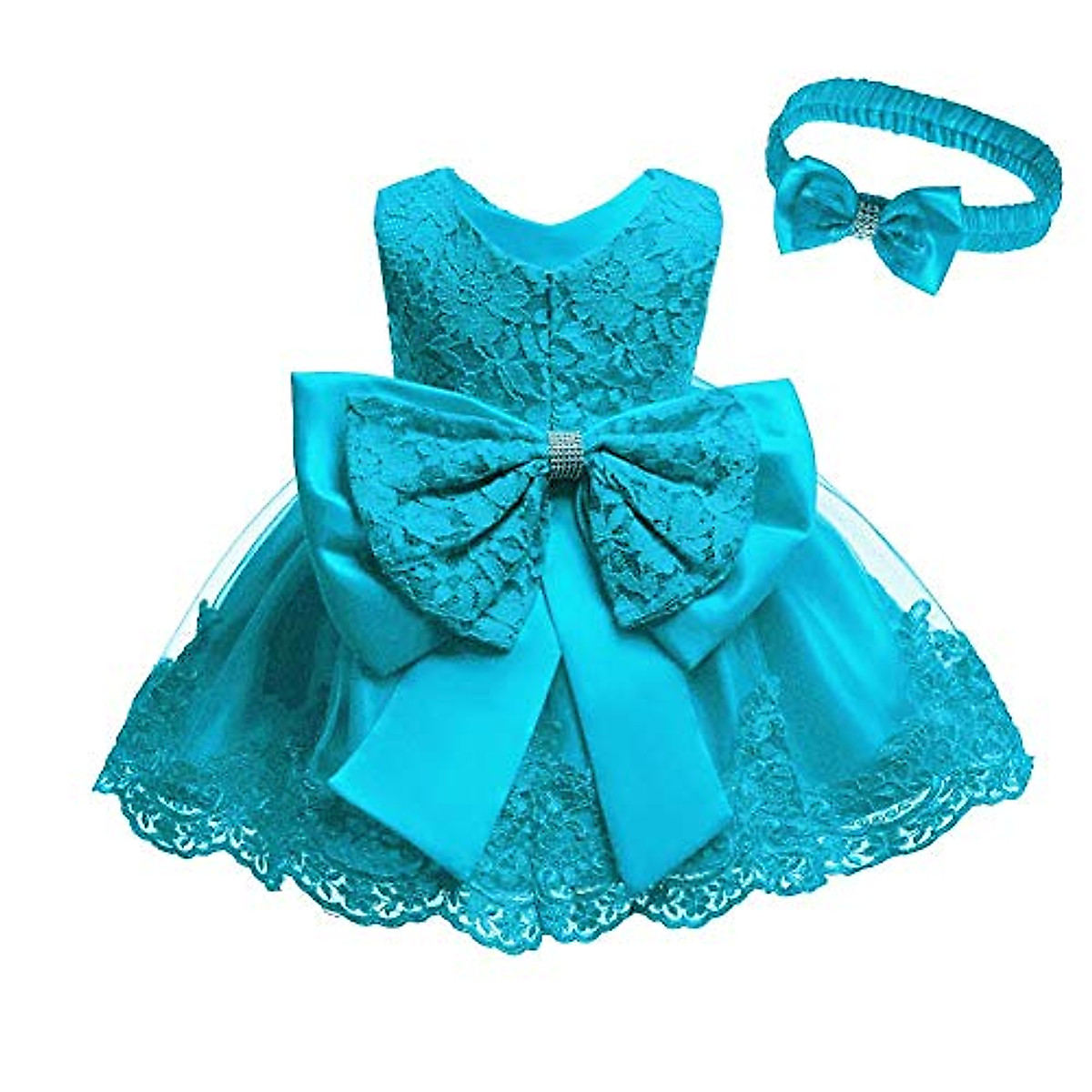 IMEKIS Toddler Girl Christening Baptism Gowns with Headband Bowknot Pageant Wedding Birthday Kids Princess First Communion Dresses Baby Dedication Dress Blessing Outfit Xmas Party Teal 12-18 Months
