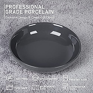 GlowSol Elegant Grey 8" Large Salad Serving Bowls, Ceramic Plates, Soup Bowls, Porcelain Pasta Bowls Set of 6, Microwave Dishwasher Safe, Wide and Flat Bowls