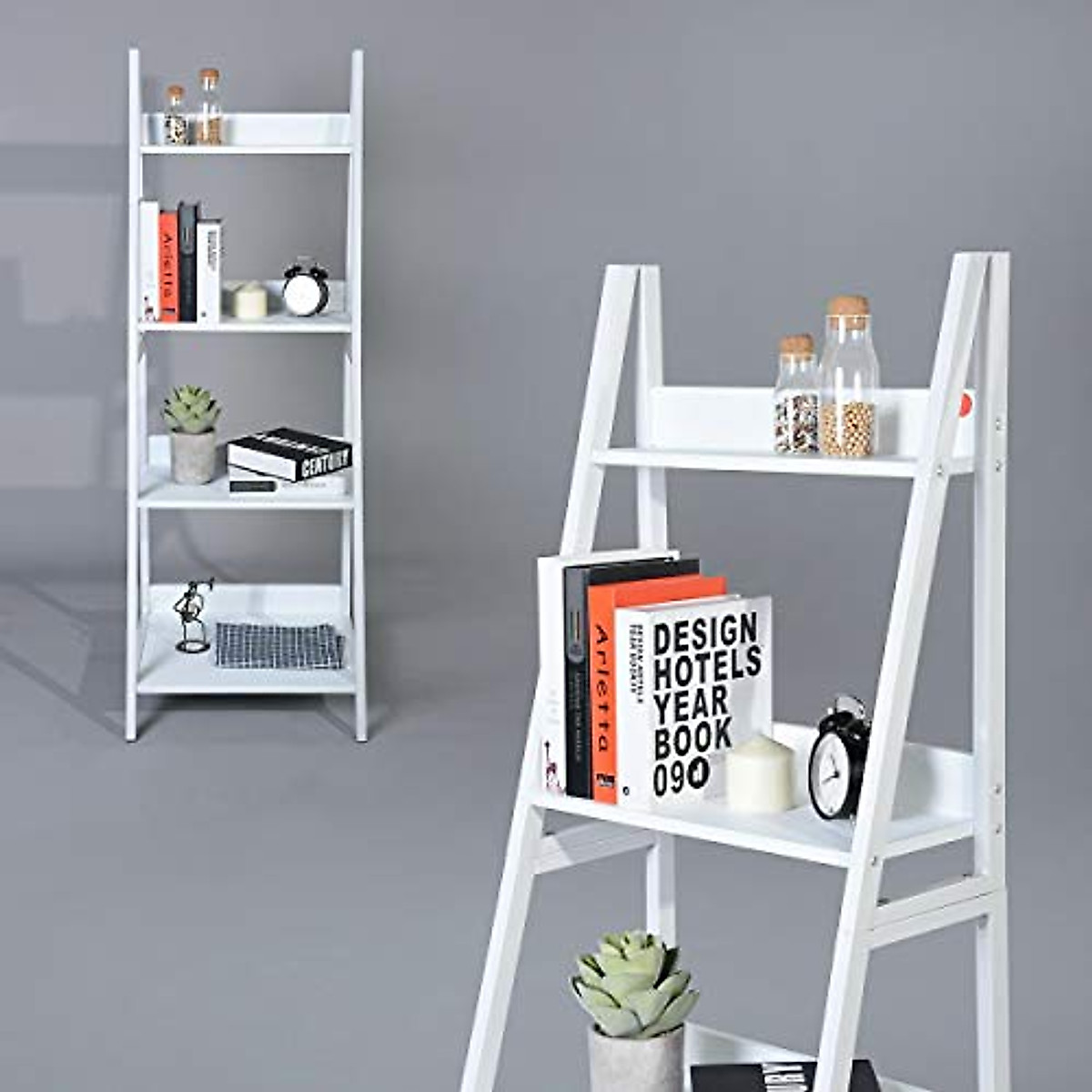 None White Finish 4-Tier Shelves Leaning Ladder Bookcase Bookshelf Display Planter